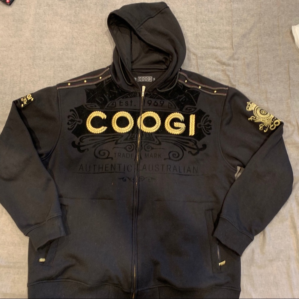 Coogi Full Zip Hoodie Black Gold Bling Jacket - Gem